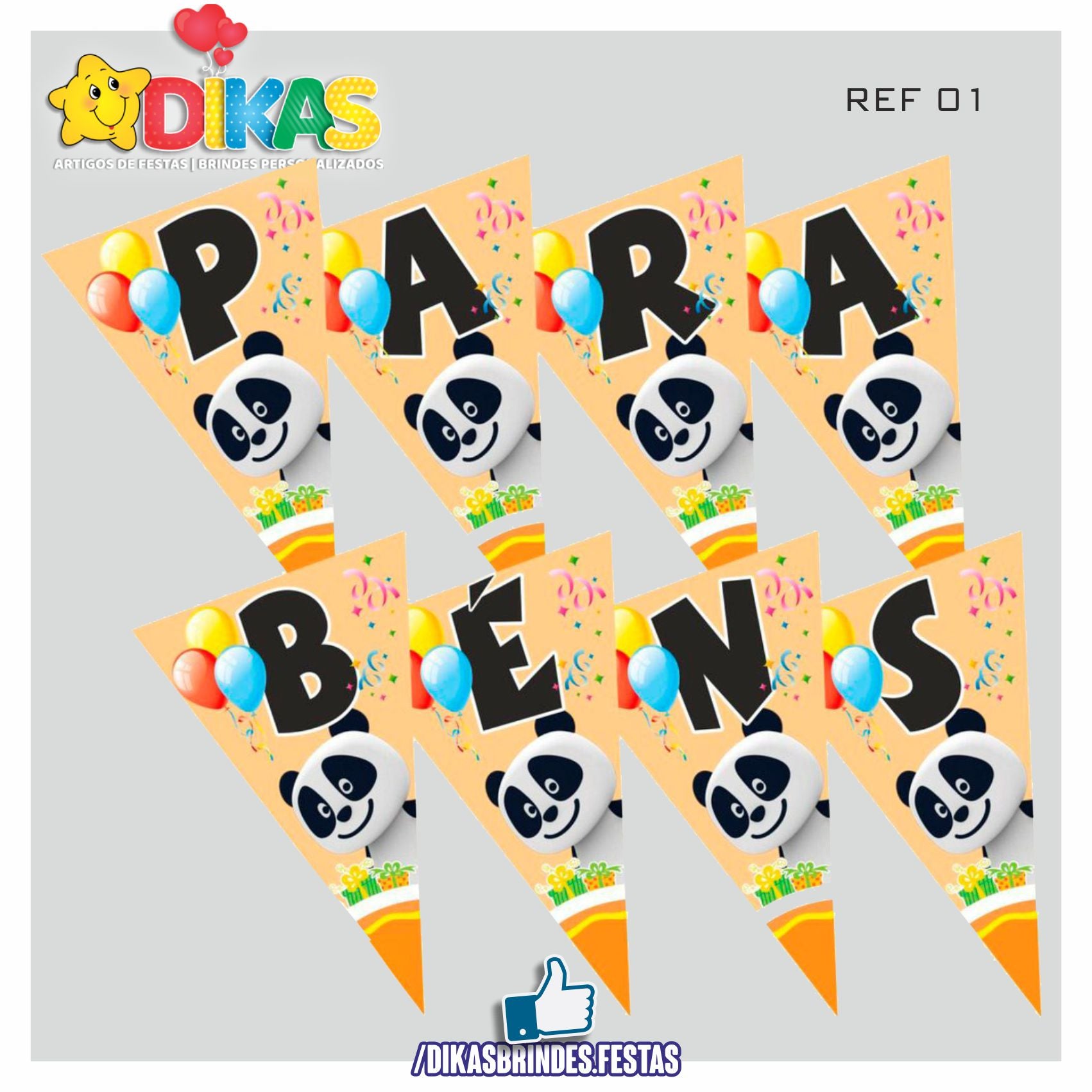 BANDEIROLA "PARABÉNS" - PANDA E OS AMIGOS – dikasbrindes